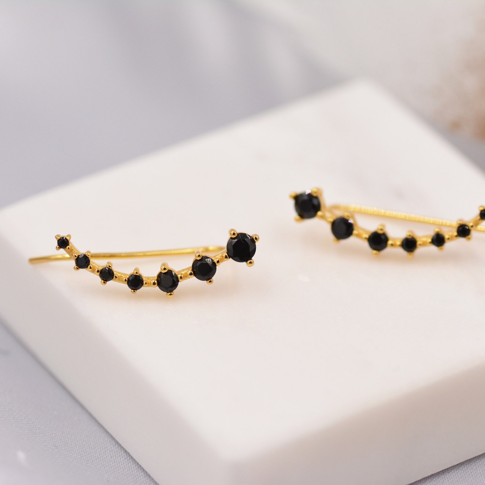 Black and Gold Ear Crawlers in Sterling Silver - Black Ear Climbers ...