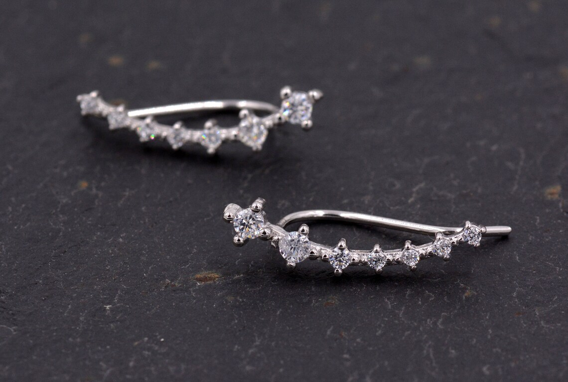 Sterling Silver Ear Crawler Earrings With Sparkly CZ Crystals | Etsy