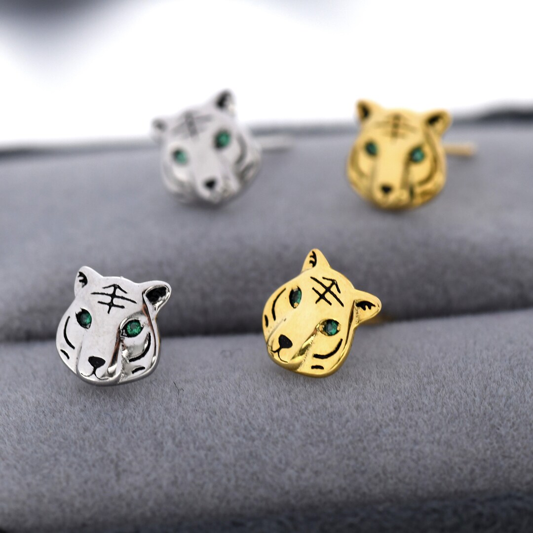 Tiger Stud Earrings in Sterling Silver Silver or Gold Animal - Etsy
