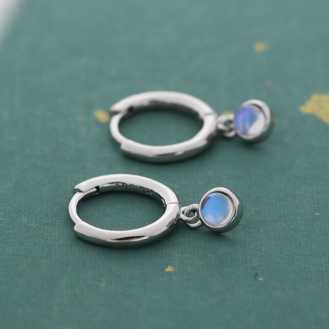 Sterling Silver Hoops With Tiny Dangling 3mm Moonstone, Very Small Lab ...