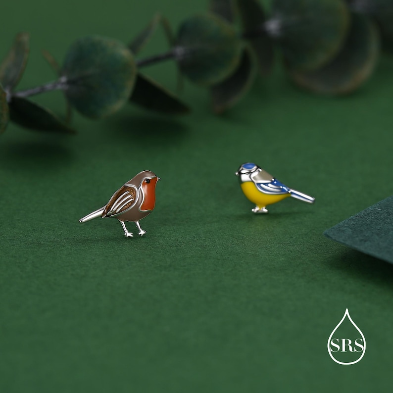 Mismatched Robin Bird and Blue Tit Bird Stud Earrings in Sterling ...