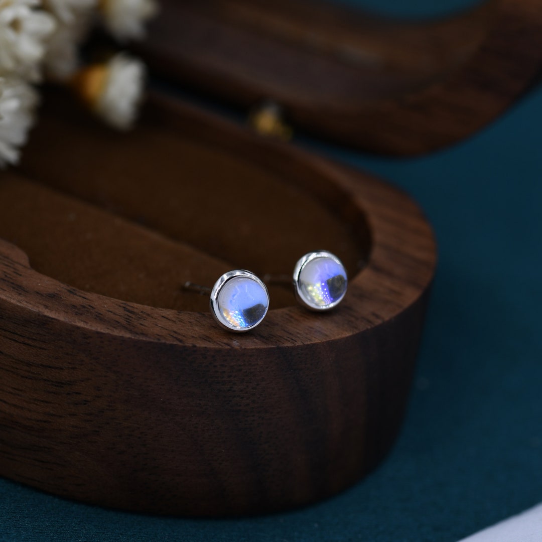 Sterling Silver Moonstone Stud Earrings, Gold or Silver, 4mm Simulated ...