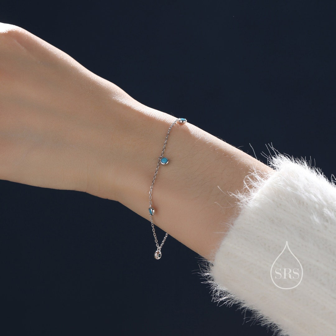 Delicate Turquoise CZ Charm Bracelet in Sterling Silver, Silver or Gold ...