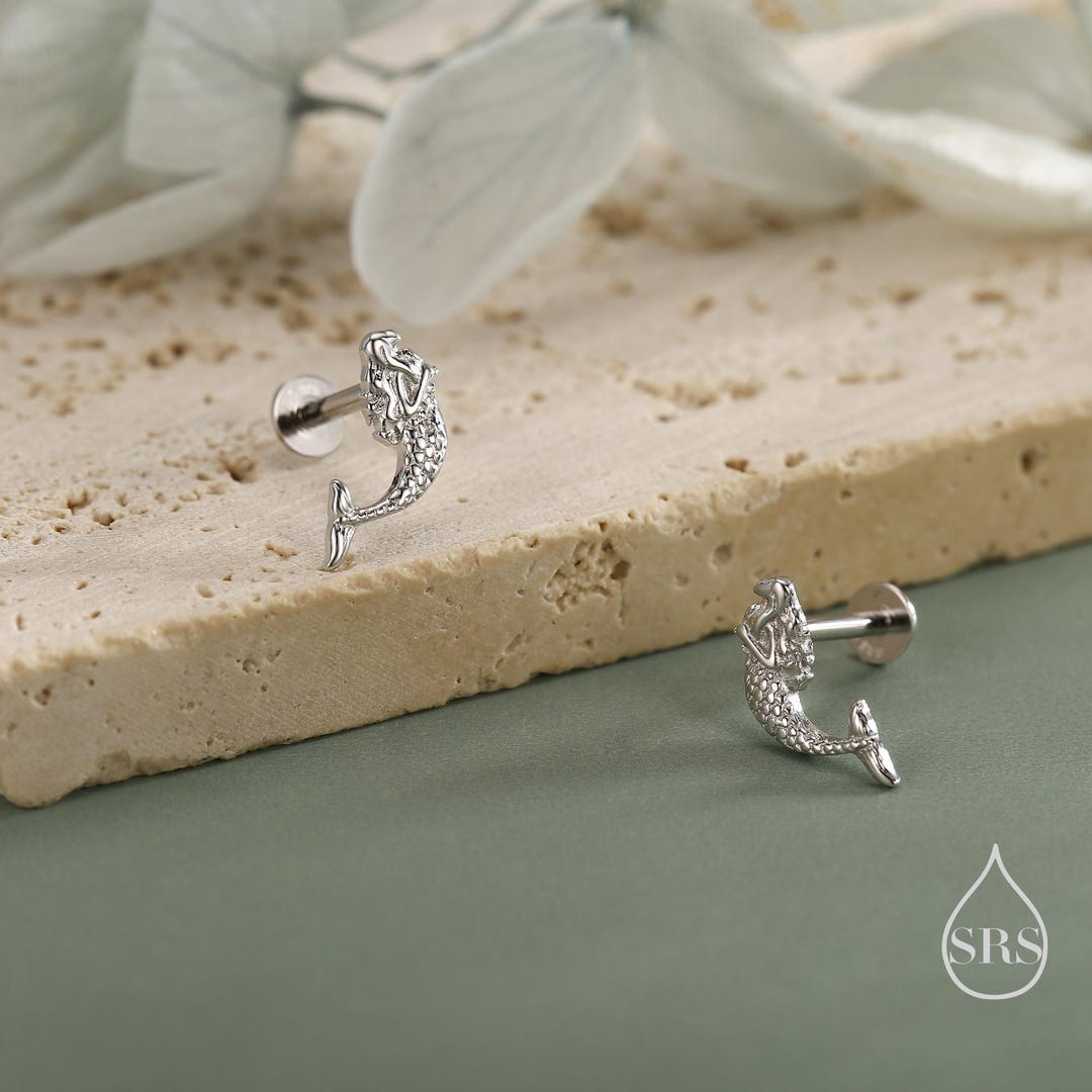 Tiny Mermaid 16G Internally Threaded Flat Back Earrings in Sterling ...