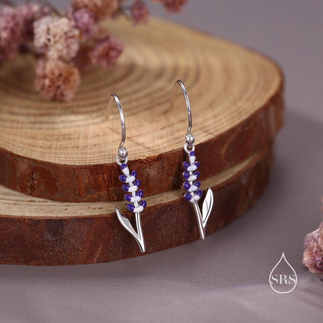Sterling Silver Enamel Lavender Drop Hook Earrings, Delicate Silver ...