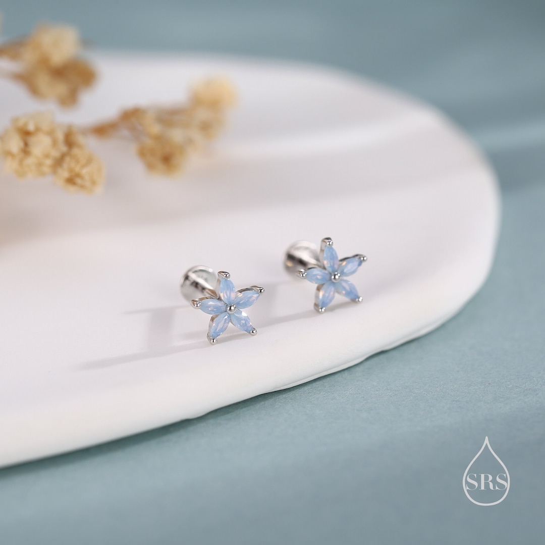 Opal Blue CZ Flower 16G Internally Threaded Flat Back Earrings in ...