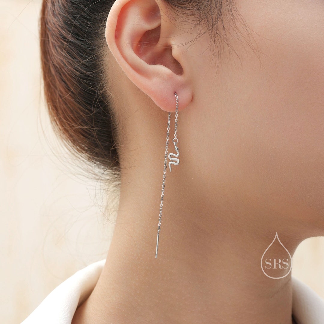 Snake Threader Earrings in Sterling Silver, Silver or Gold, Snake Long Ear Threaders, Single or ...