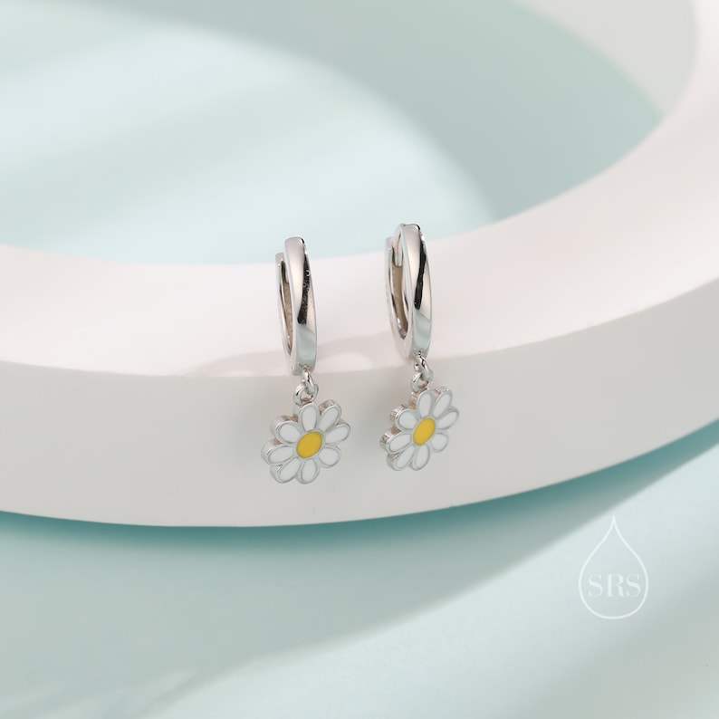Sterling Silver Enamel Daisy Huggie Hoops, Dainty Dangle Daisy Earrings ...
