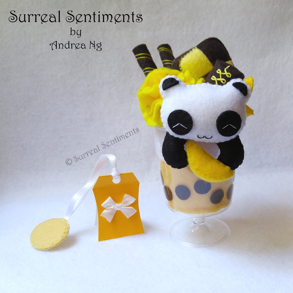Mango Bubble Tea Plush Felt Panda: Kawaii Dessert Decoration - Mini ...