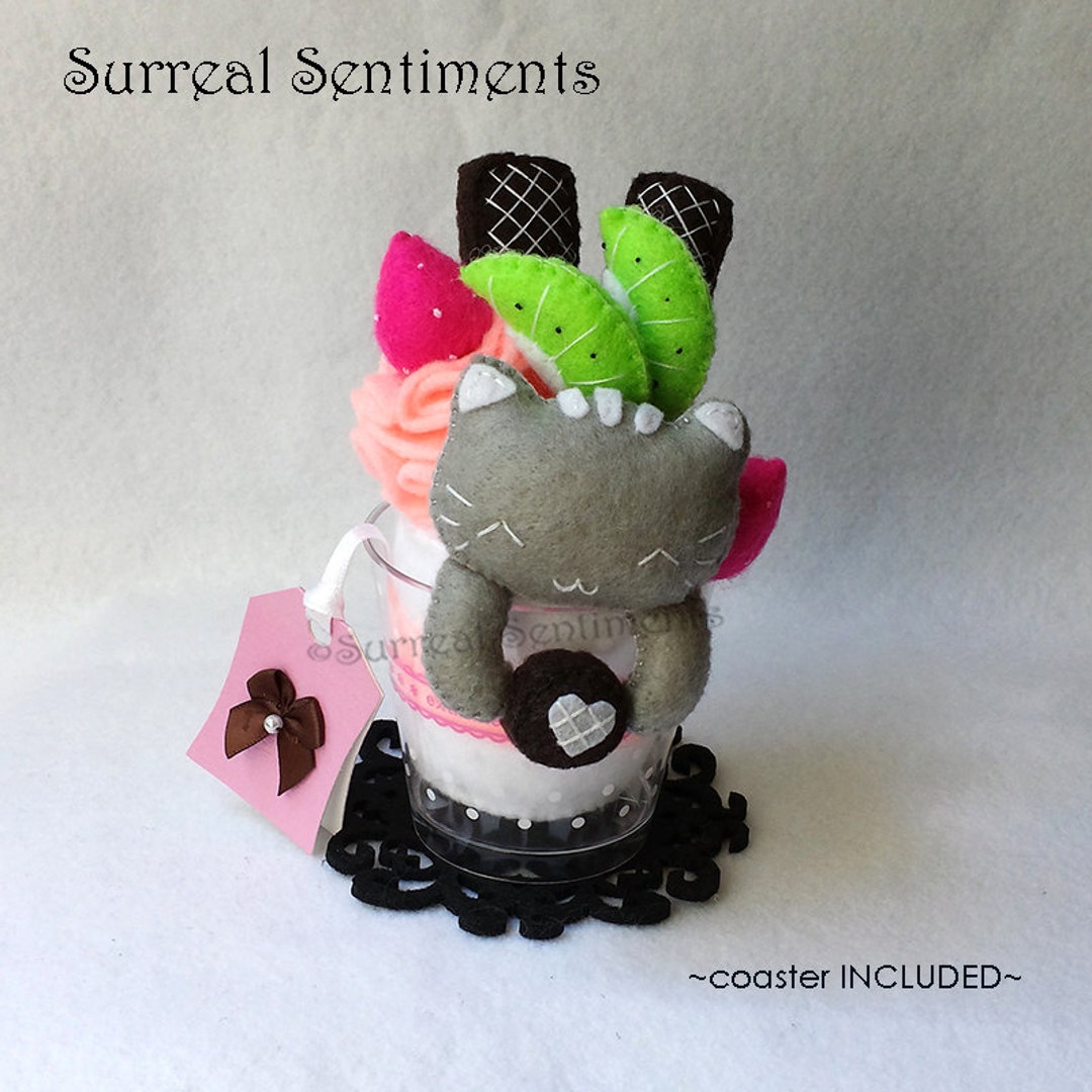 Grey Tabby Cat Plush Vanilla Strawberry Felt Parfait Cat Lover Gift ...