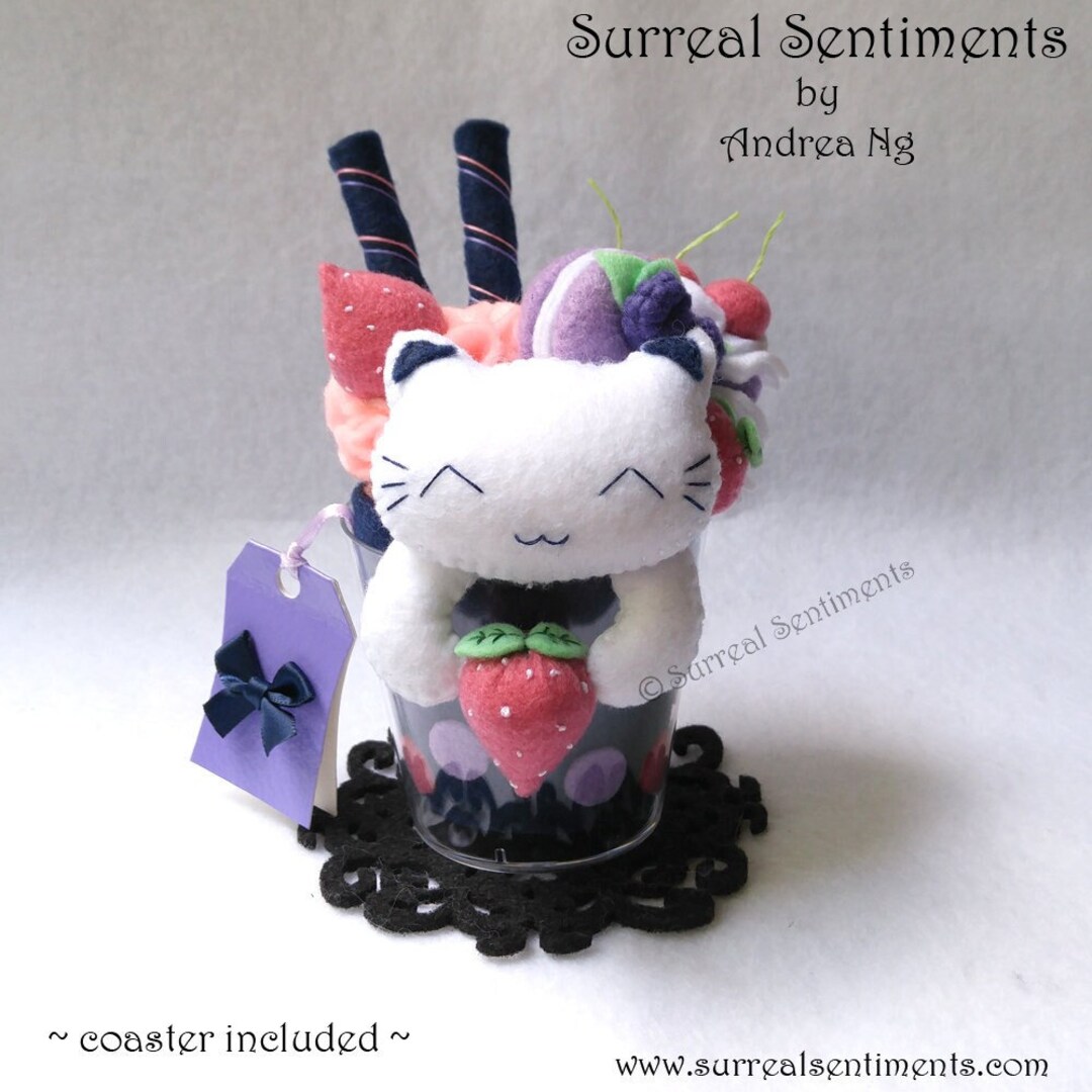 Strawberry Bubble Tea Cat Gift: Surreal Felt Dessert Parfait - Cupcake ...