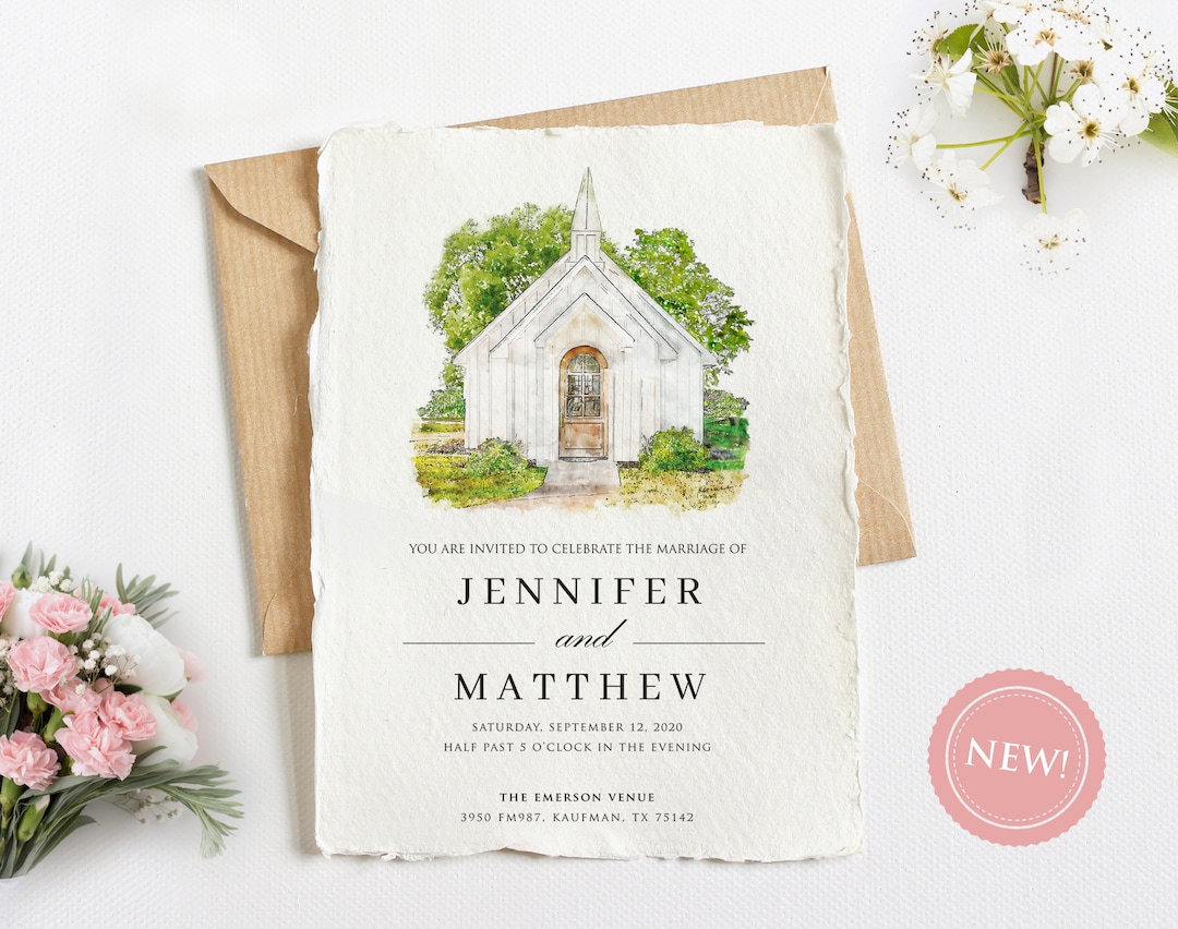 Custom Wedding Invitation With Watercolor Venue Painting, Invitation ...