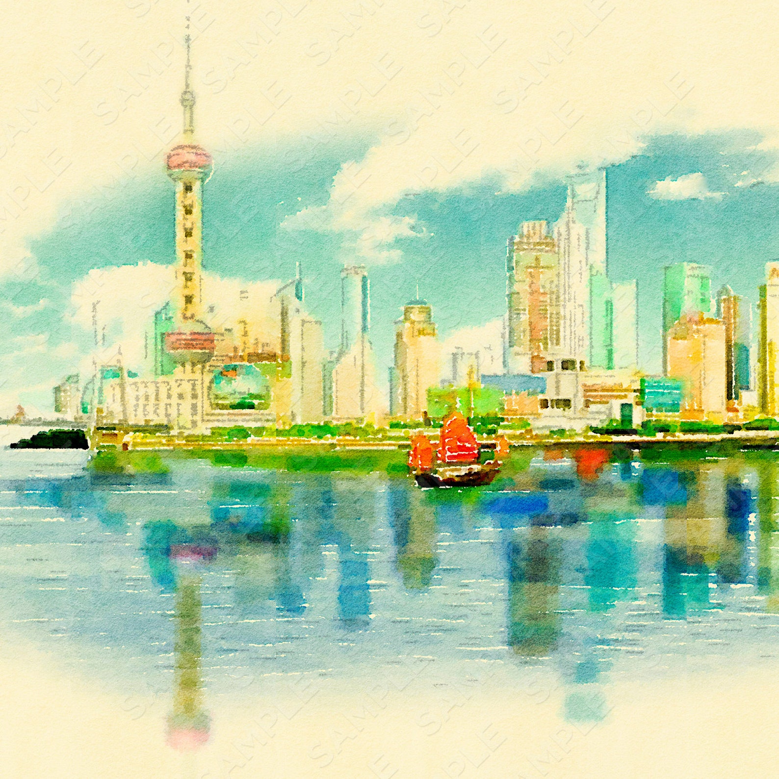 Watercolor Shanghai City Illustration, Shanghai Artwork, Shanghai ...