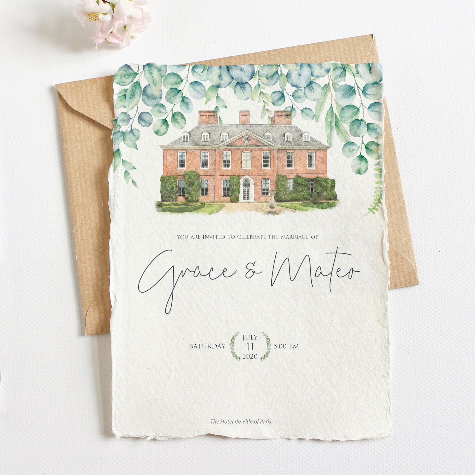 Custom Wedding Invitation With Watercolor Venue Painting, Invitation ...