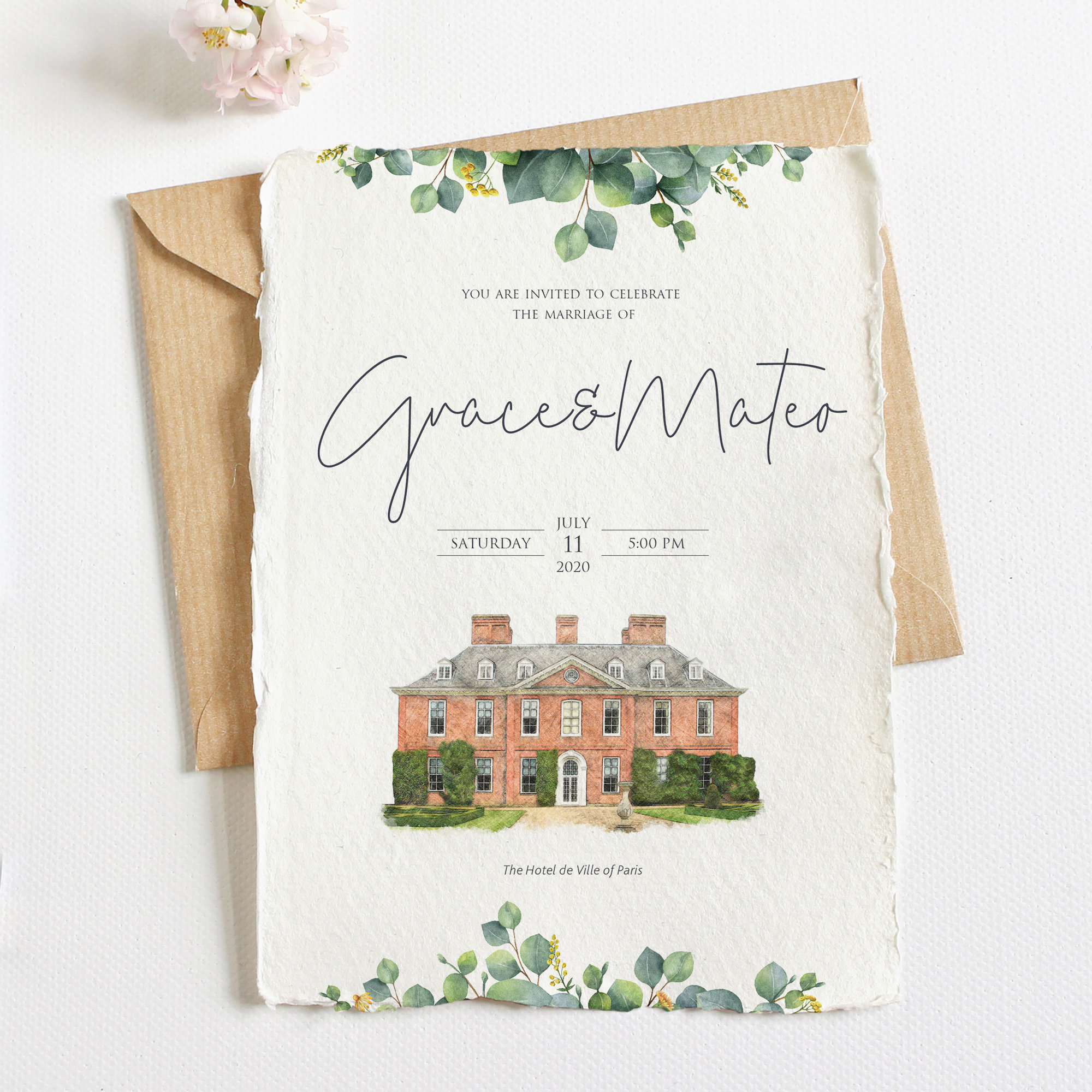 Custom Wedding Invitation with Watercolor Venue Illustration Watercolor ...
