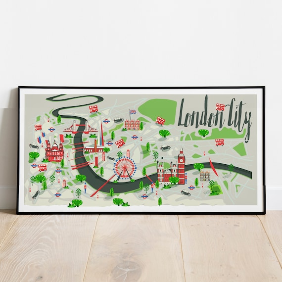 London City Map Illustration London Panoramic Poster Hand | Etsy