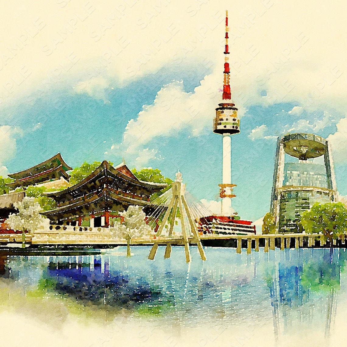 Watercolor Seoul City Illustration, Seoul Artwork, Seoul Skyline ...
