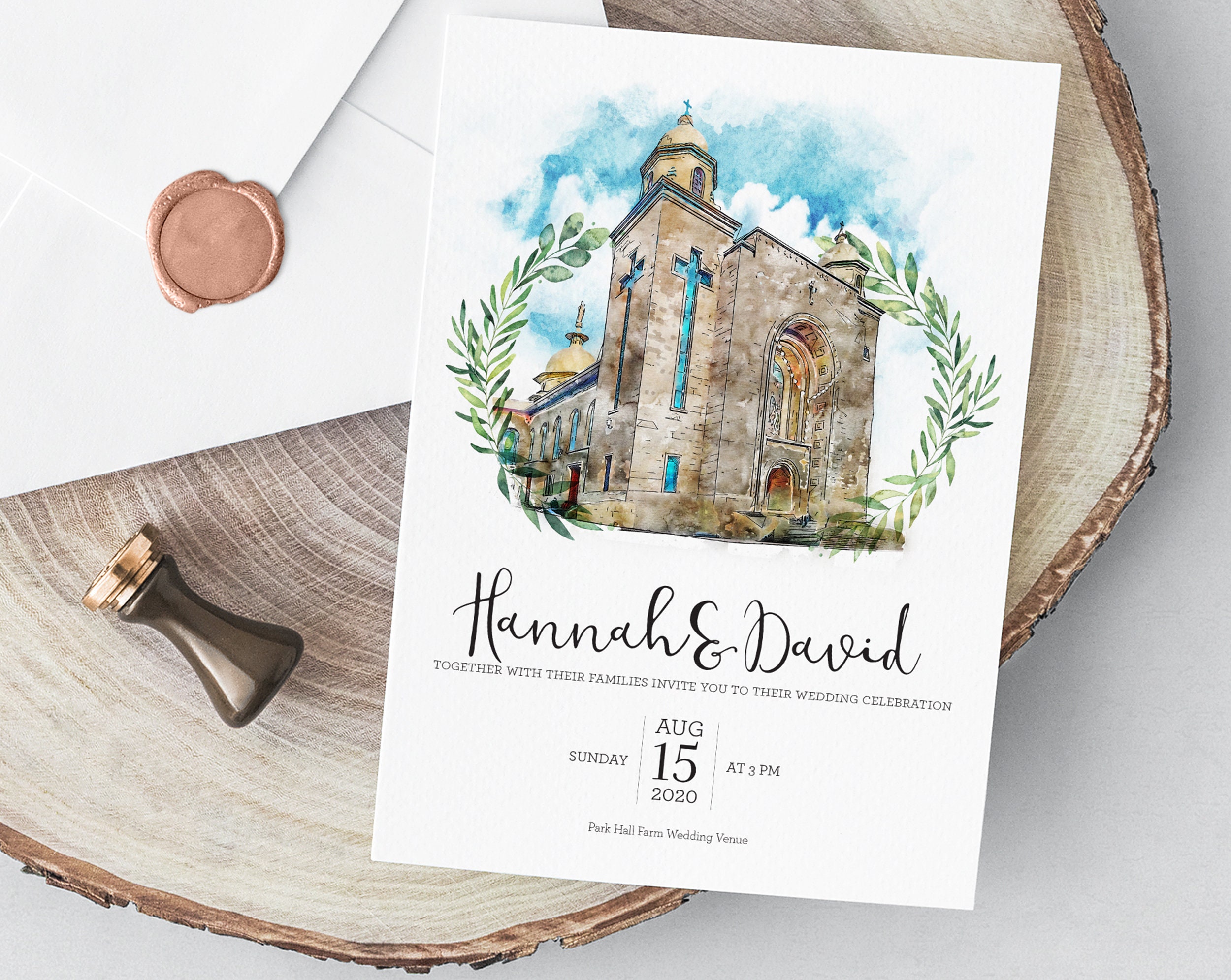 Custom Wedding Invitation with Watercolor Venue Illustration Watercolor ...