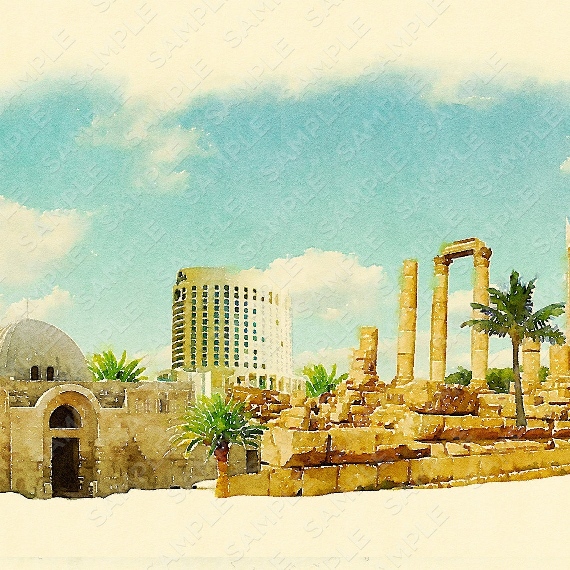 Watercolor Amman City Illustration, Amman Artwork, Amman Skyline ...