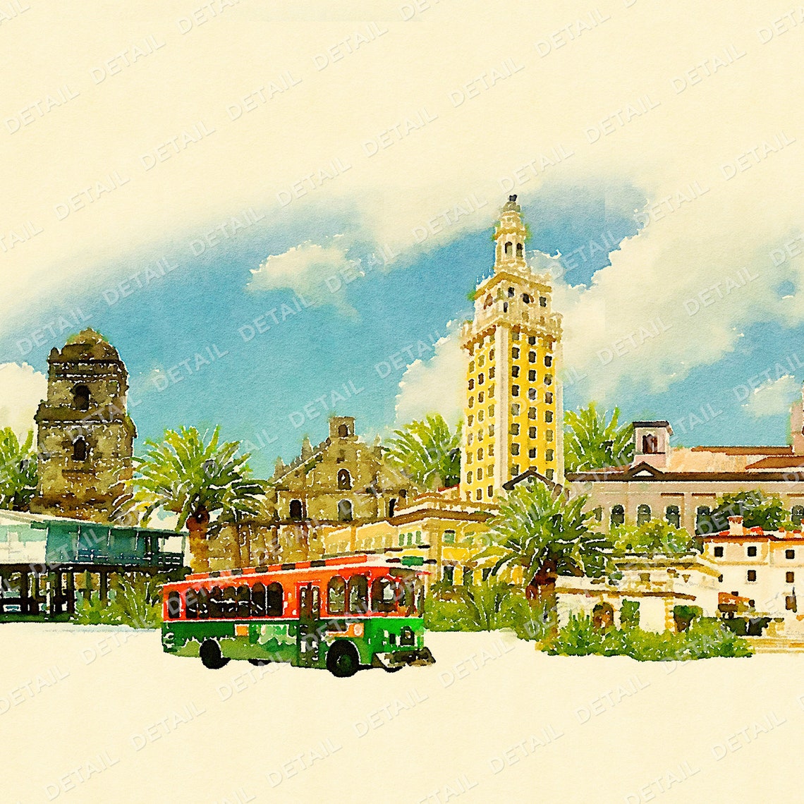 Watercolor Miami City Illustration, Miami Artwork, Miami Skyline ...