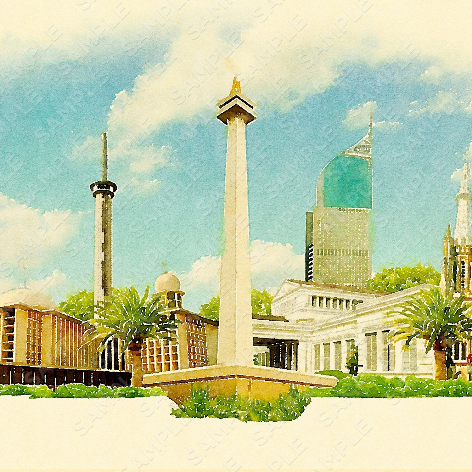 Watercolor Jakarta City Illustration, Jakarta Artwork, Jakarta Skyline ...