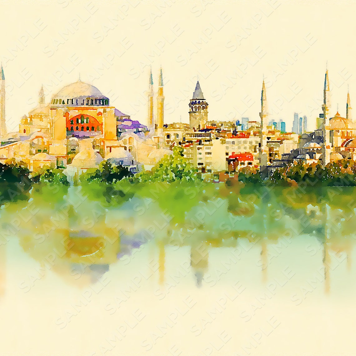 Watercolor Istanbul City Illustration Panoramic Istanbul | Etsy