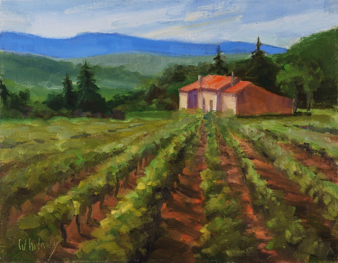 French Vineyard Painting, Original Oil, Luberon Mountains Landscape ...