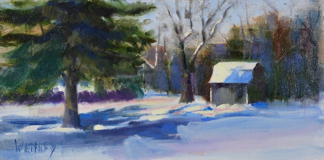 Snowy Winter Landscape With Cabin in the Woods, Pine Evergreen Tree ...