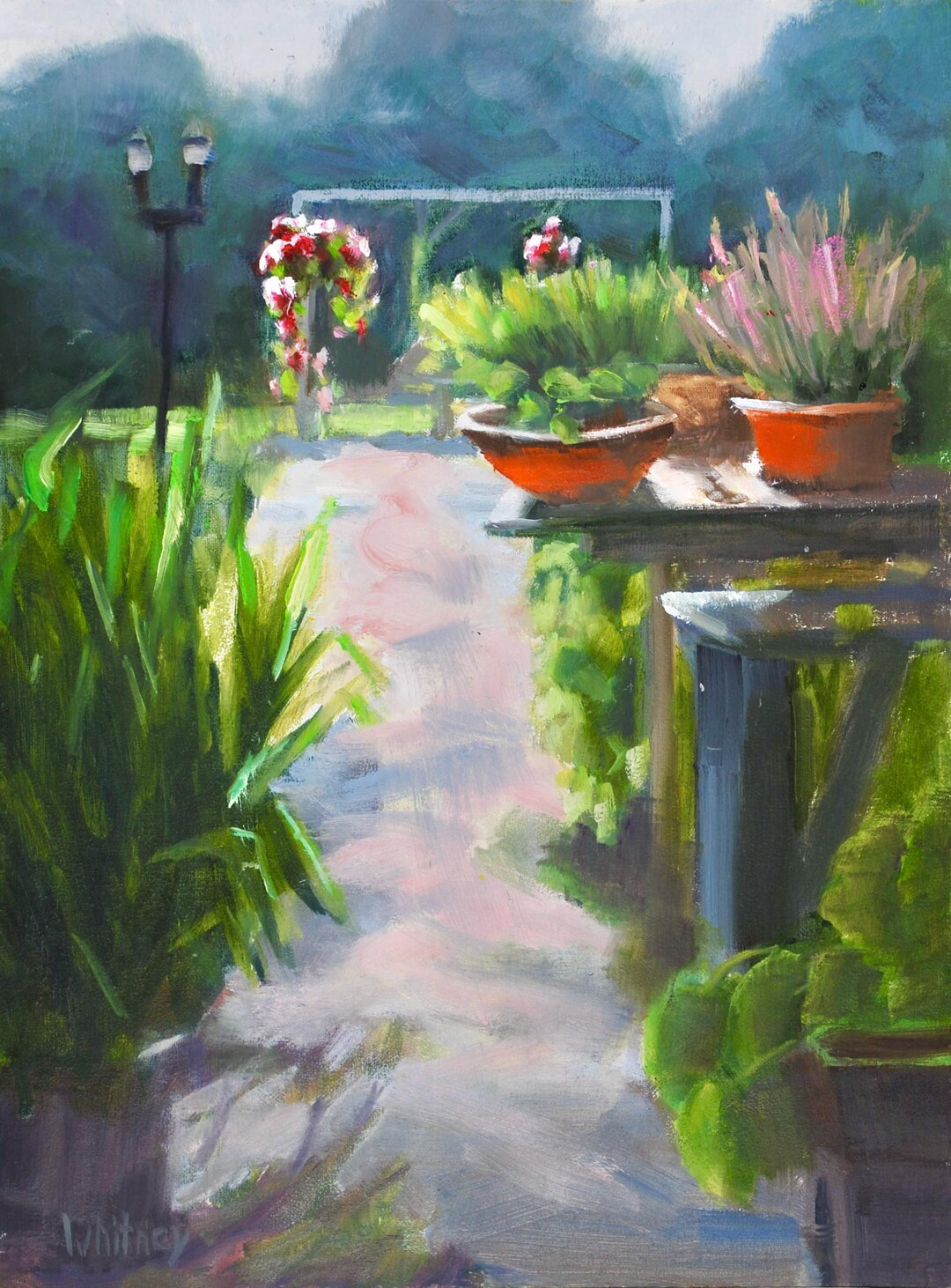 Garden Painting, Path, Oil Painting, , Red Flowers, Vista, Summer ...