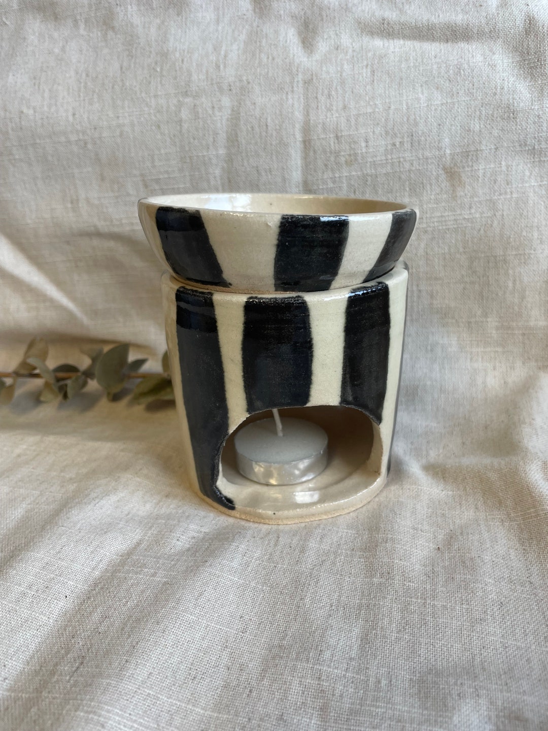 Stripe Ceramic Wax Burner, Ceramic Oil Burner, Handmade Black Pot ...