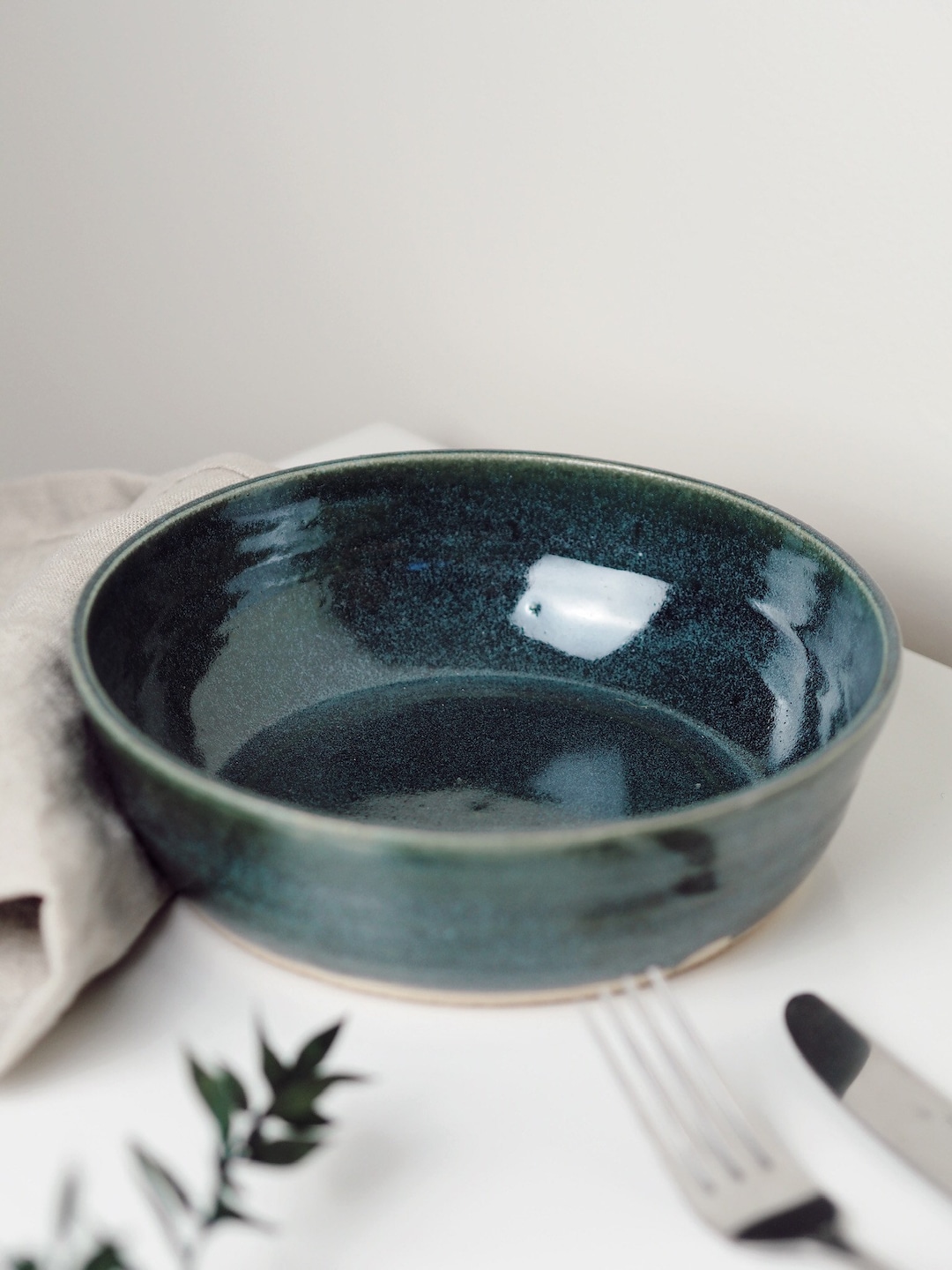 Green Pasta Bowl, Handmade Wide Dish, Ceramic Serving Bowls, Green ...