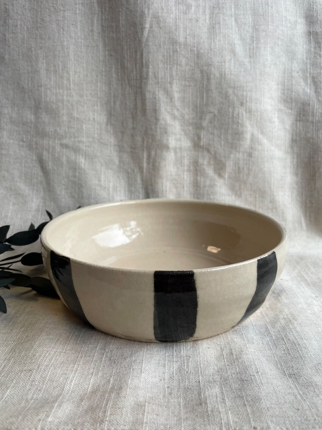 Stripe Pasta Bowl, Handmade Wide Dish, Ceramic Serving Bowls, Black ...