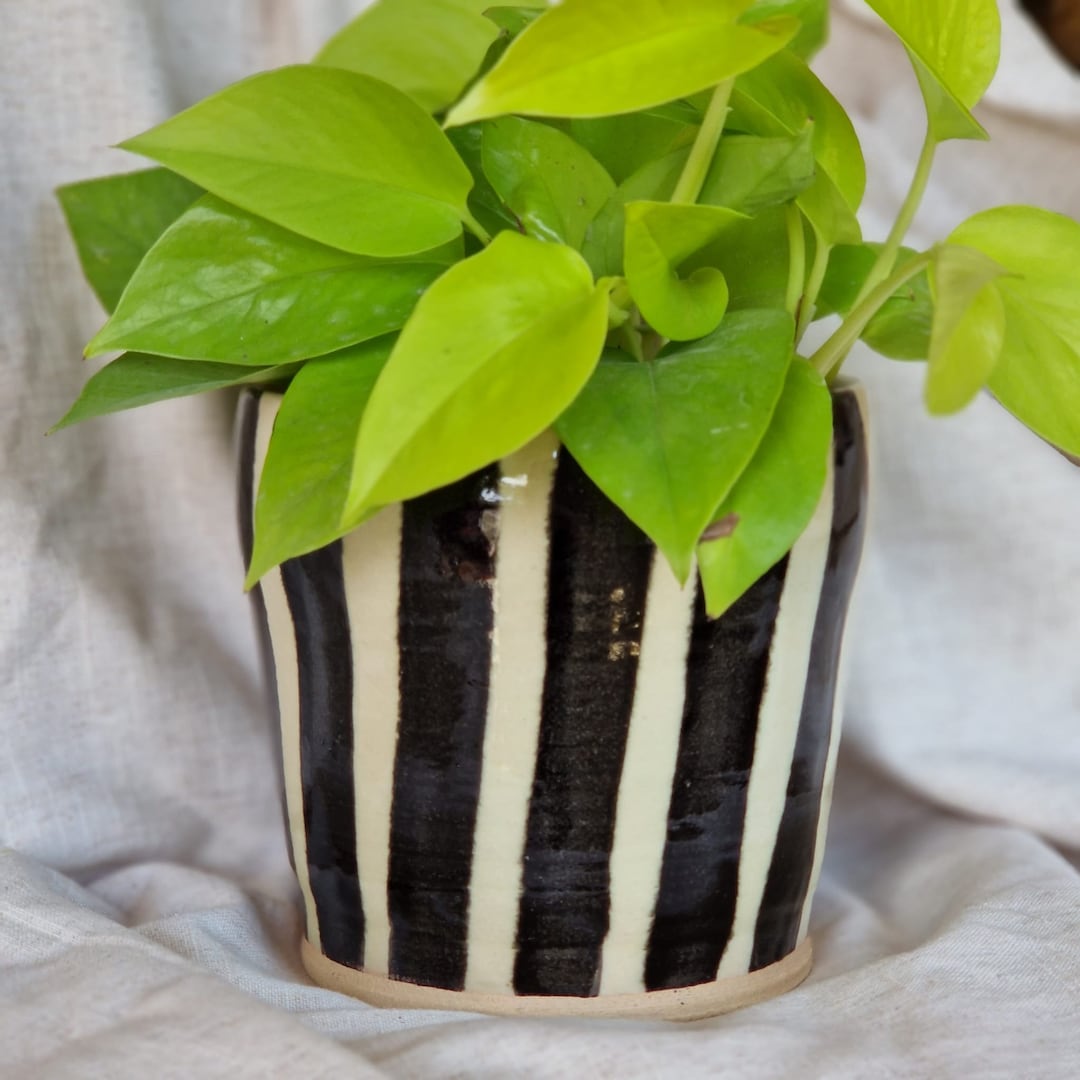NEW Stripe Ceramic Planter, Handmade Glazed Pot, White Plant Pot, Large ...