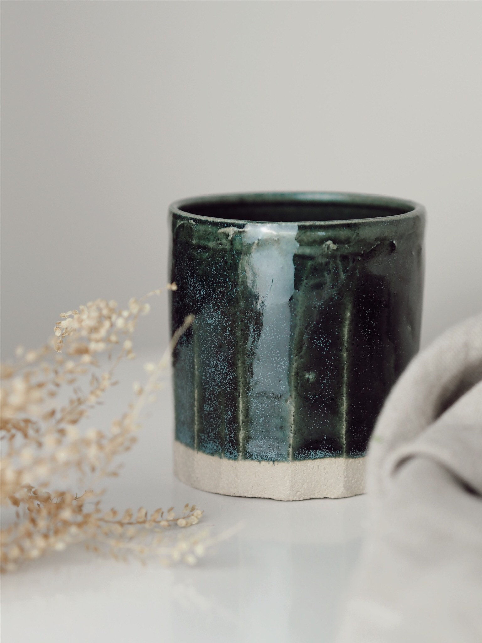 Handmade Ceramic Beaker Green Glazed Cup Hand Carved Clay | Etsy UK