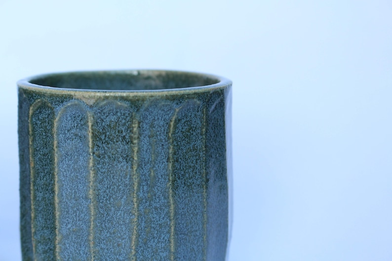 Handmade ceramic beaker Green glazed cup hand carved clay | Etsy