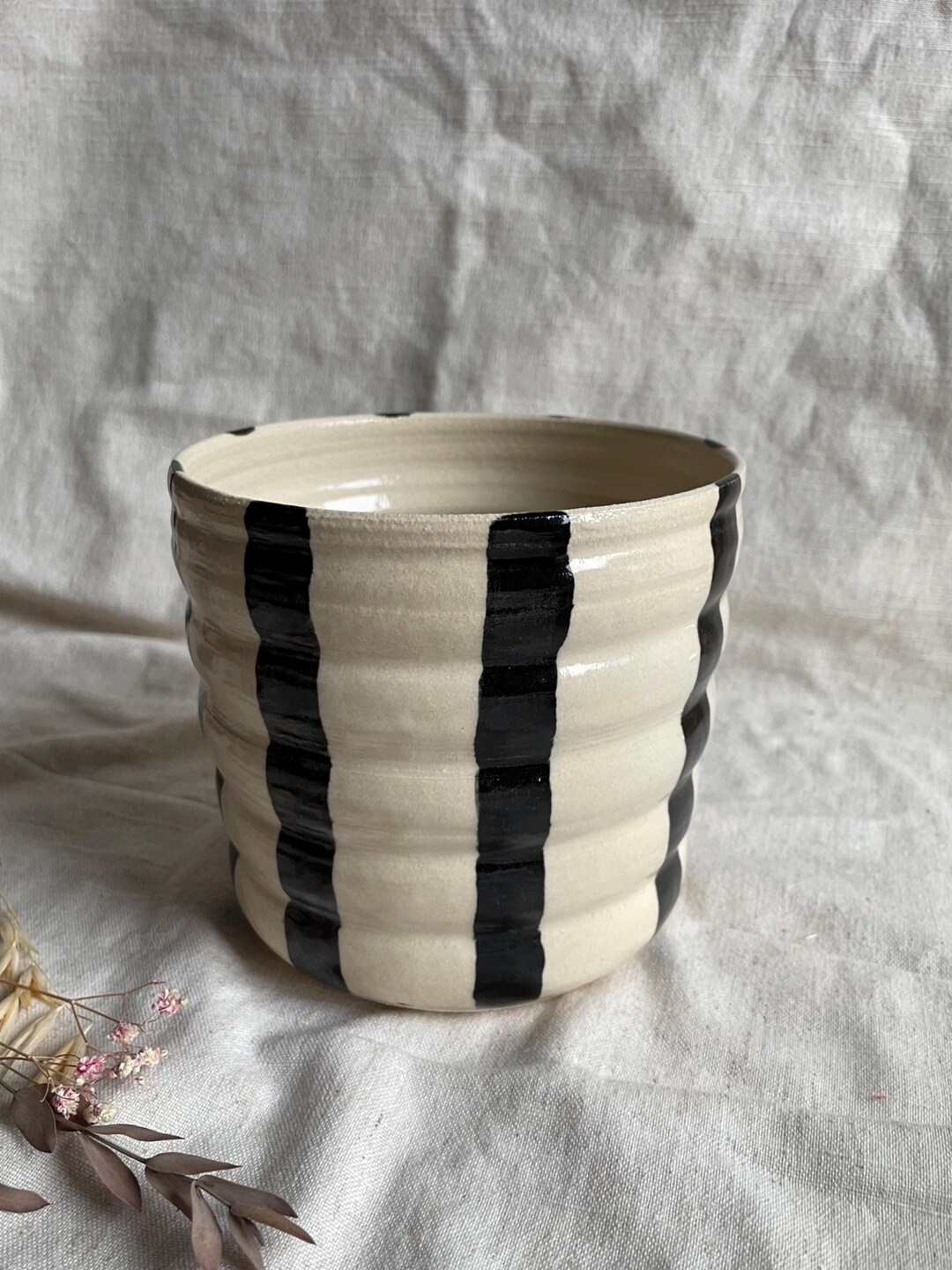 Stripe Bubble Ceramic Planter, Handmade Glazed, Black and White Plant ...