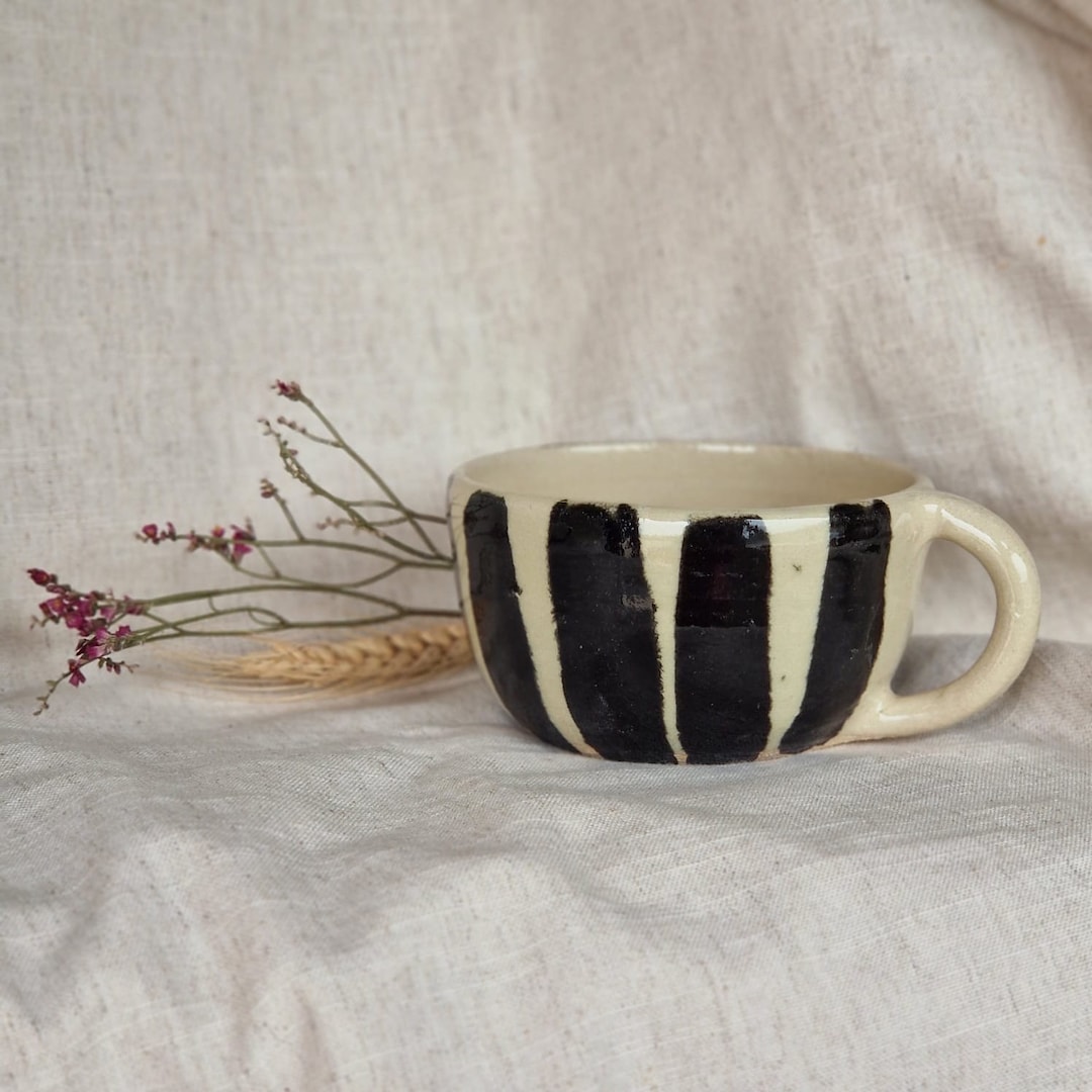NEW Stripe Mug, Black Glazed Cup, Handmade Cappuccino Mug, 300ml Latte ...
