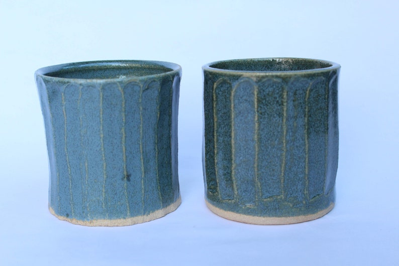 Handmade ceramic beaker Green glazed cup hand carved clay | Etsy
