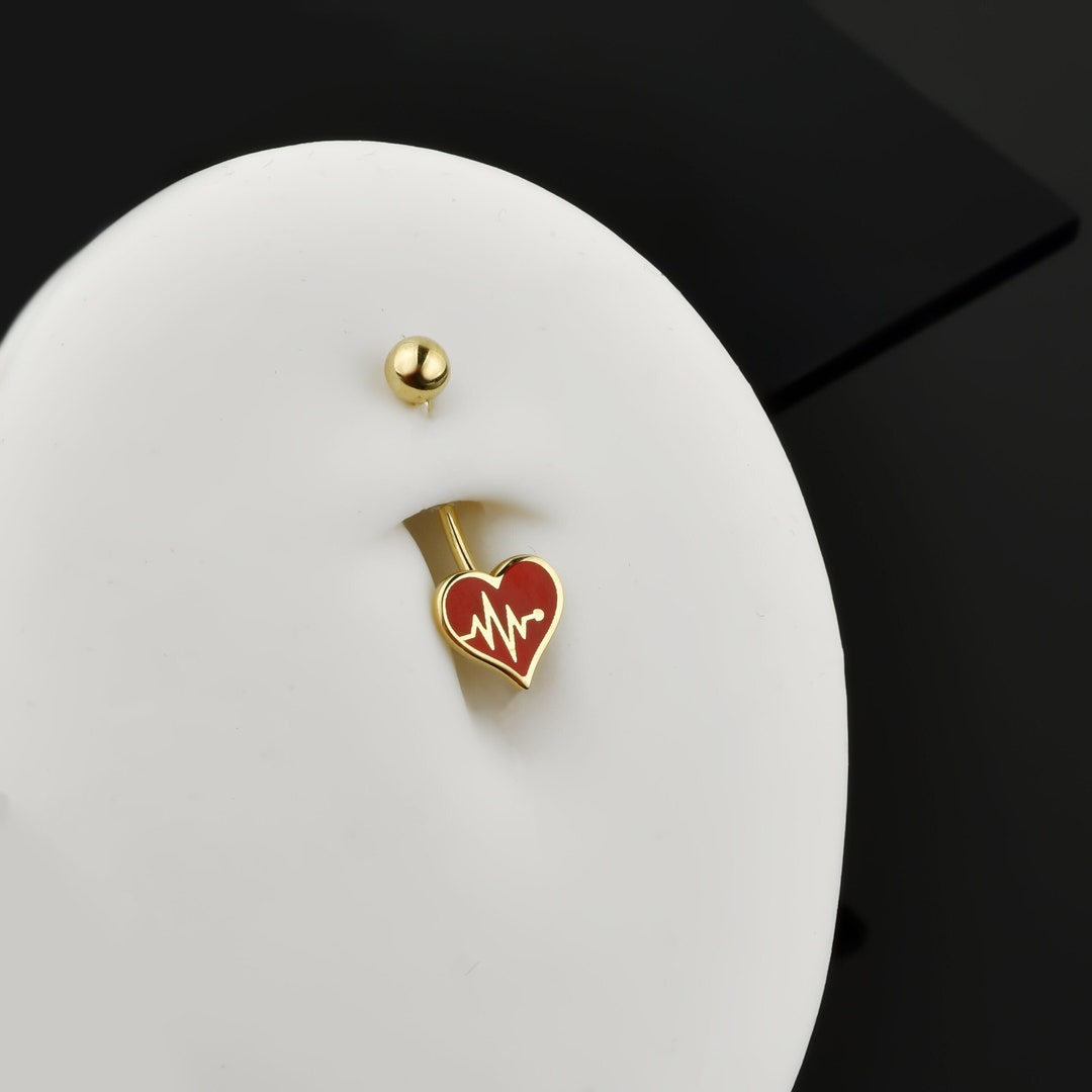 14k Solid Gold Red Enamel Navel Heart Piercing, Piercing Belly Jewelry ...