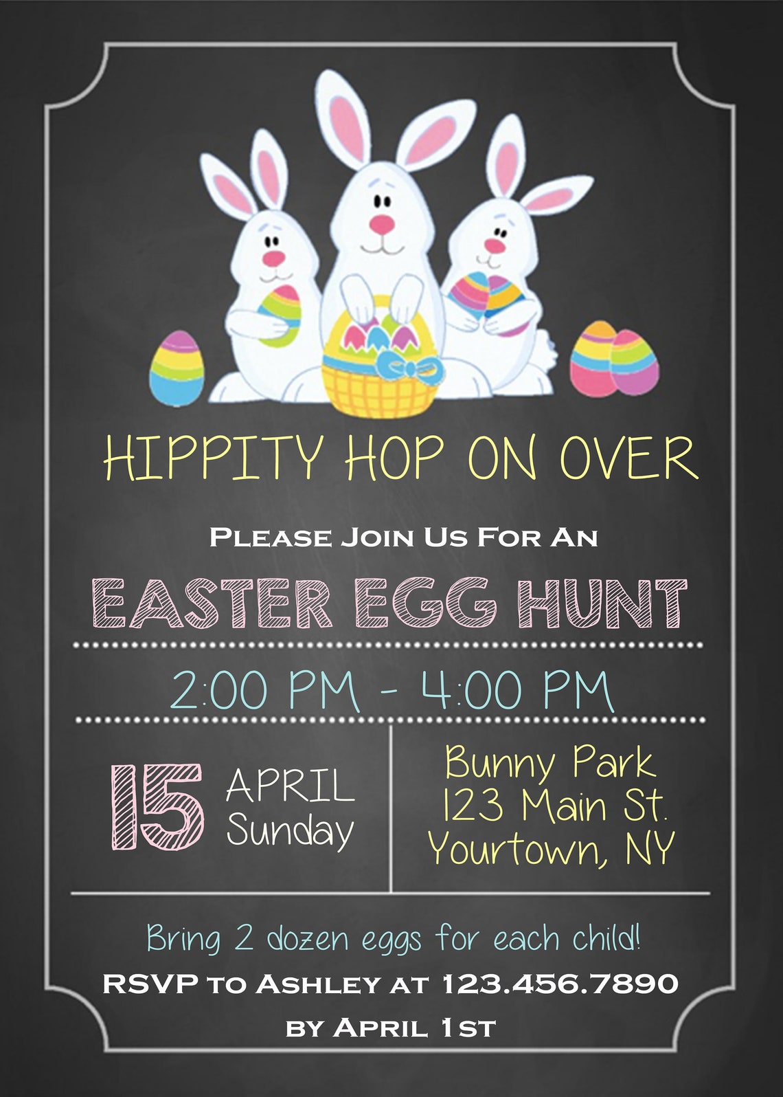 Easter Egg Hunt Invitation Easter Bunnies Bunny Hop on Over Hippity Hop ...