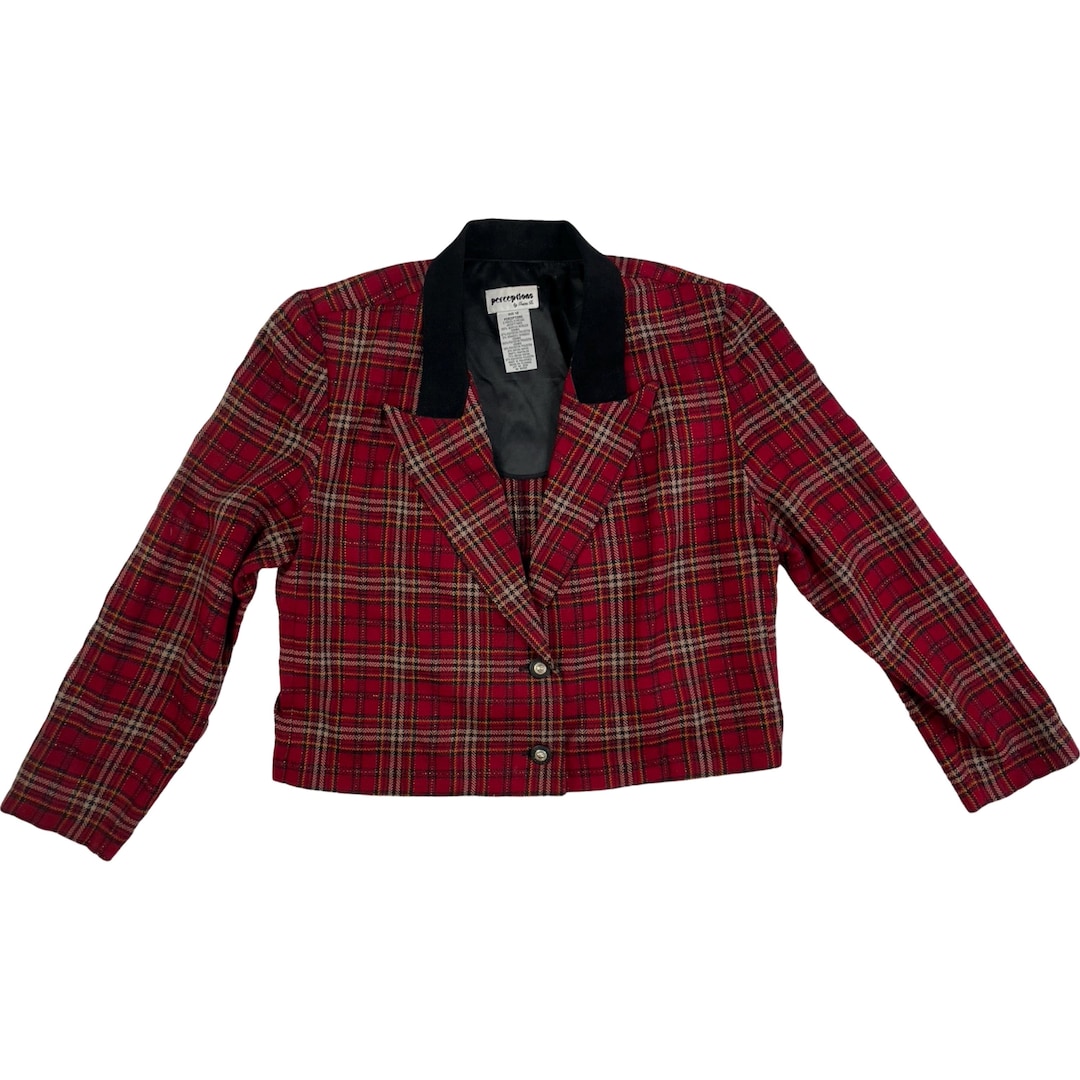 Vintage Cropped Plaid Jacket Womens Size Large | 1990s Tartan Blazer ...