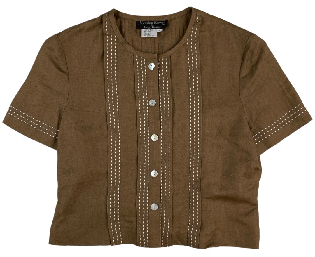 Vintage Linen/rayon Crop Top | 90s Brown Tie Back Cropped Blouse ...