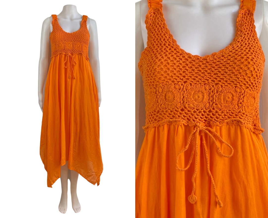 Vintage Orange Handkerchief Dress 90s Macrame Bodice Gauze Cotton Dress ...