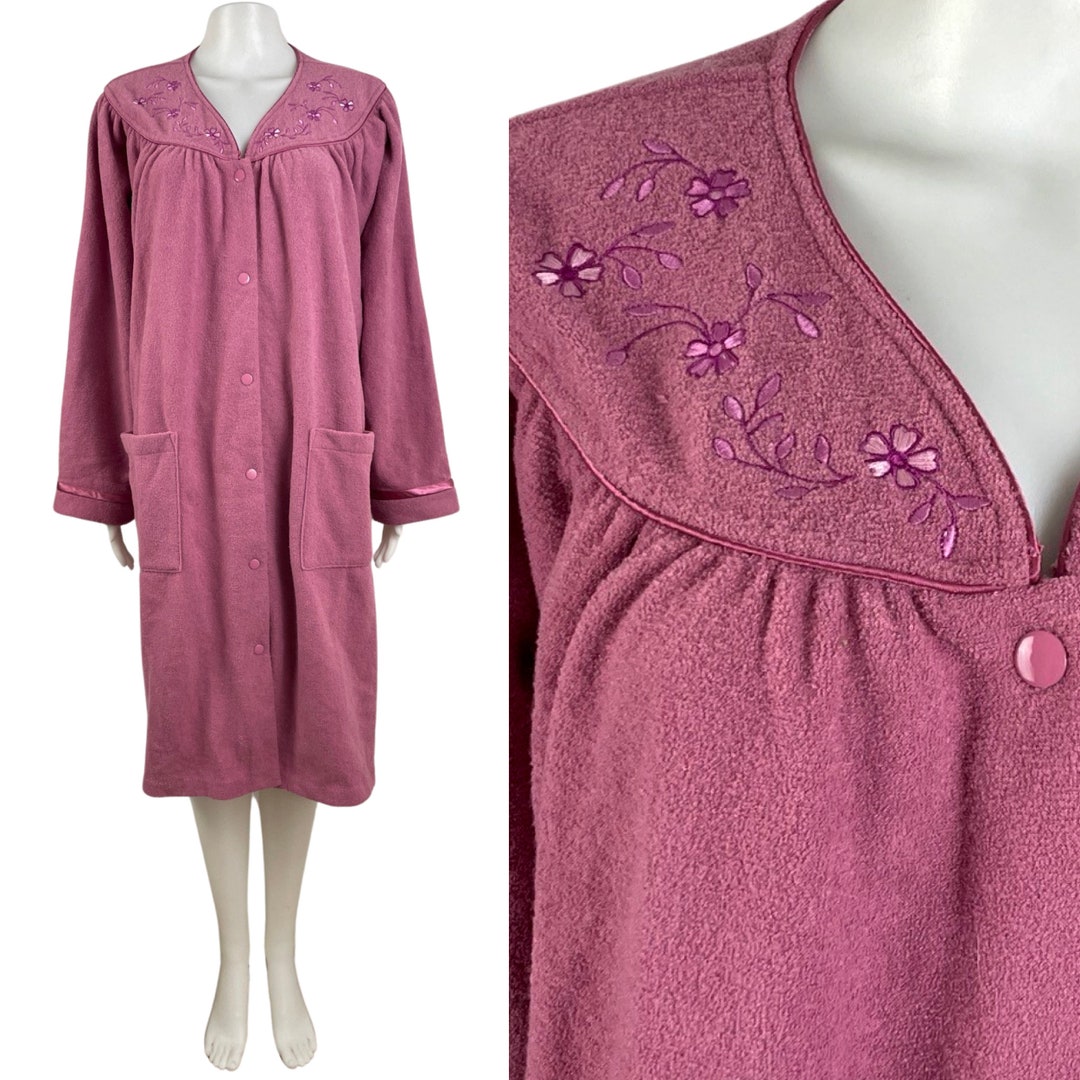 Vintage Terry Cloth Nightgown Womens Size XL 1990s Floral Embroidered ...