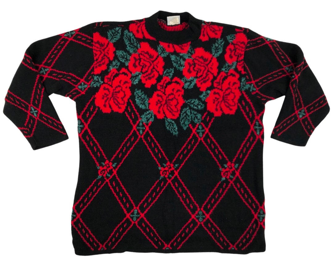Vintage Argyle Floral Sweater | 90s Soft Knit Acrylic Sweater | Womens ...