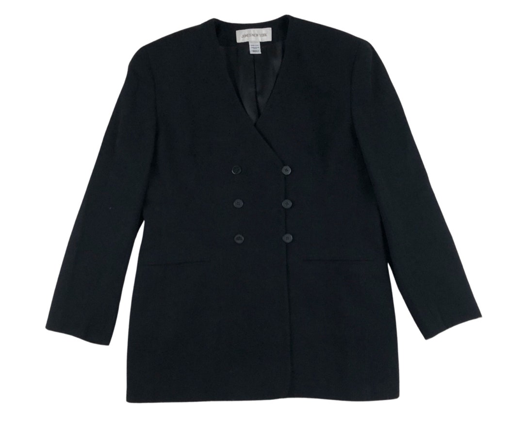 Vintage Double Breasted Blazer | 90s Black Twill Worsted Wool Suit Coat ...