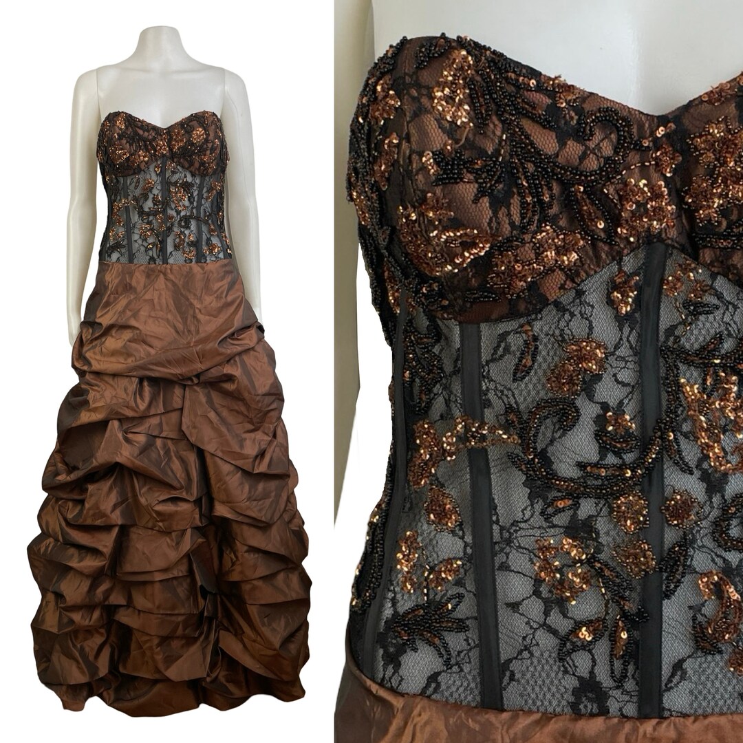 Vintage Beaded Lace Corset Gown Size Small Y2K Bronze & Black Full ...
