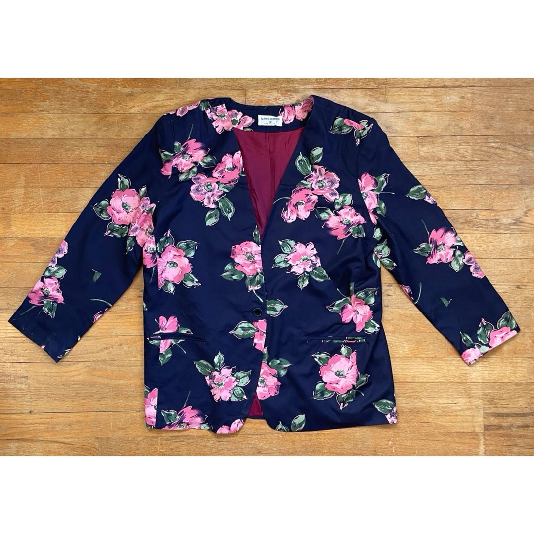 Vintage Floral Blazer Size XL 90s Navy Blue Rayon Flower Print Jacket ...