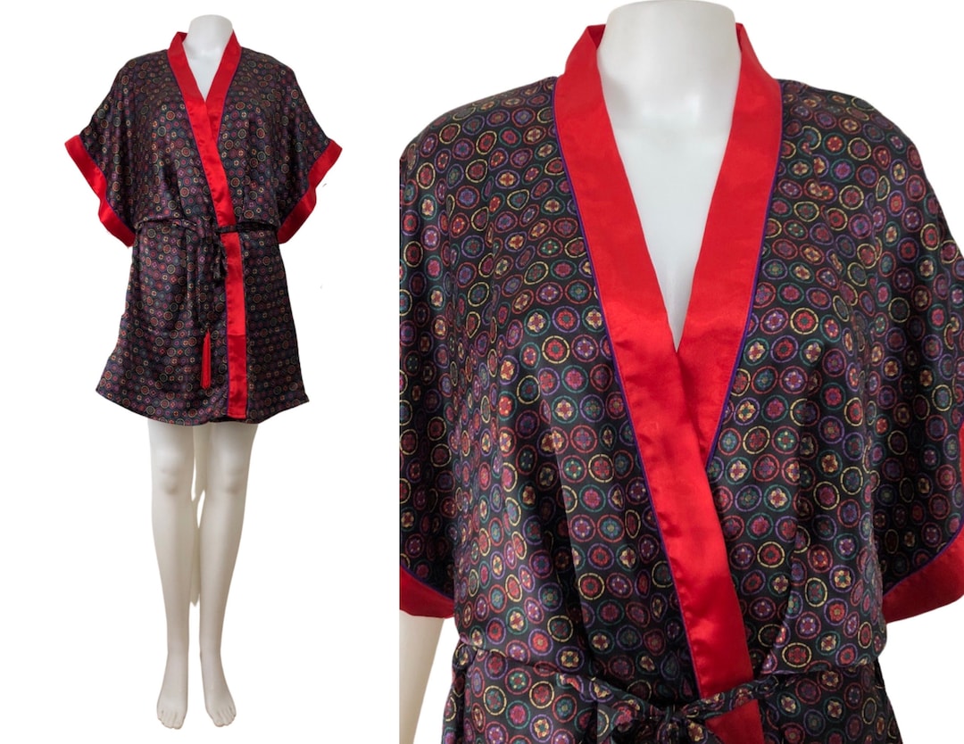 Vintage Satin Robe | 90s Geometric Floral Print Belted Short Bath Robe ...