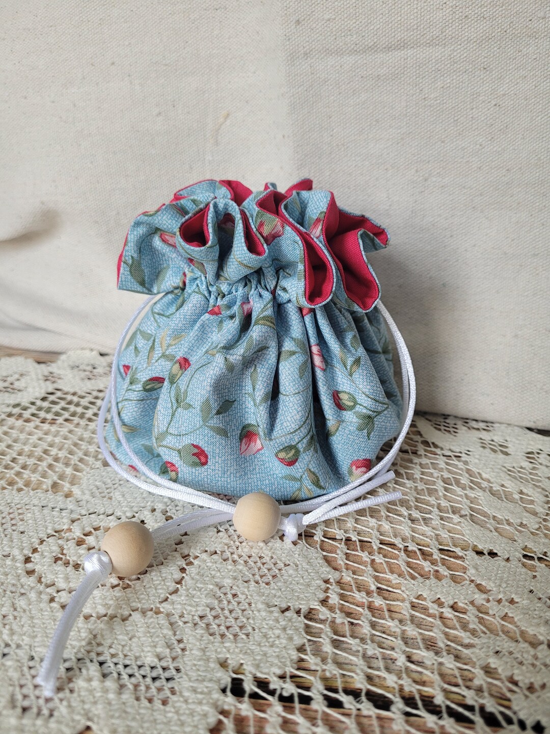 Travel Jewelry Tote Pouch With Drawstring, Aqua and Pink Rosebud Floral ...